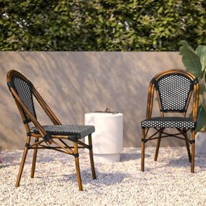 Flash Furniture Bordeaux Set of 2 Indoor/Outdoor Commercial French Bistro Stack Chairs - Black/White PE Rattan Back and Seat - Natural Bamboo Print Aluminum Frame