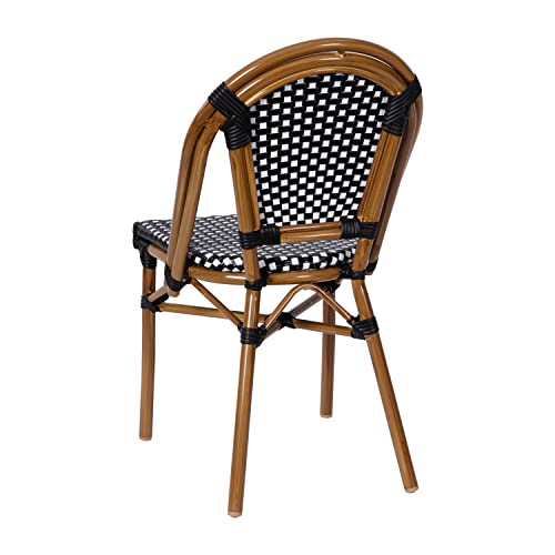 Flash Furniture Bordeaux Set of 2 Indoor/Outdoor Commercial French Bistro Stack Chairs - Black/White PE Rattan Back and Seat - Natural Bamboo Print Aluminum Frame