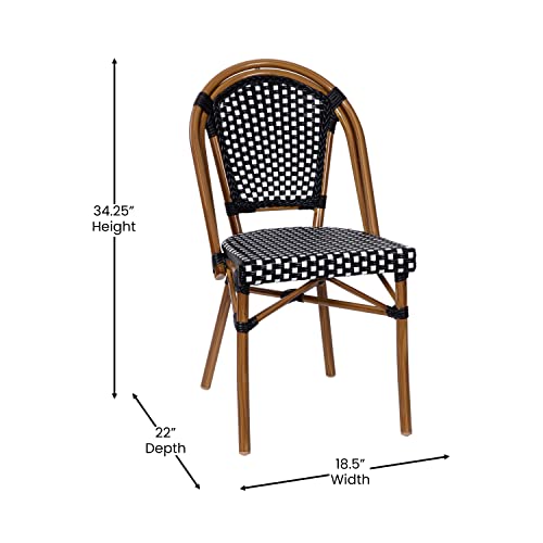 Flash Furniture Bordeaux Set of 2 Indoor/Outdoor Commercial French Bistro Stack Chairs - Black/White PE Rattan Back and Seat - Natural Bamboo Print Aluminum Frame