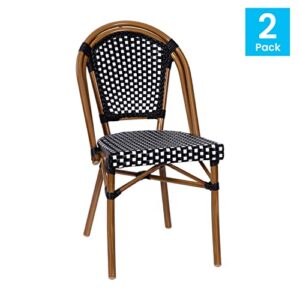 Flash Furniture Bordeaux Set of 2 Indoor/Outdoor Commercial French Bistro Stack Chairs - Black/White PE Rattan Back and Seat - Natural Bamboo Print Aluminum Frame