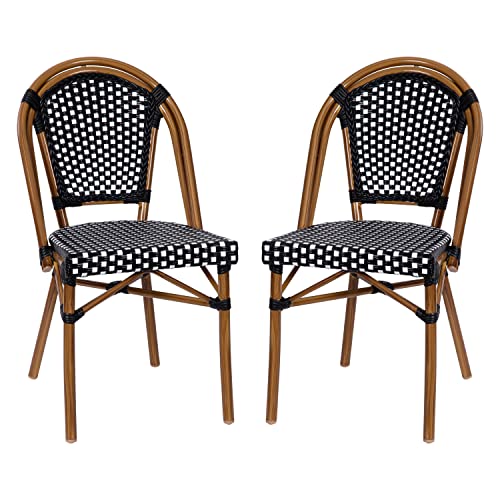 Flash Furniture Bordeaux Set of 2 Indoor/Outdoor Commercial French Bistro Stack Chairs - Black/White PE Rattan Back and Seat - Natural Bamboo Print Aluminum Frame