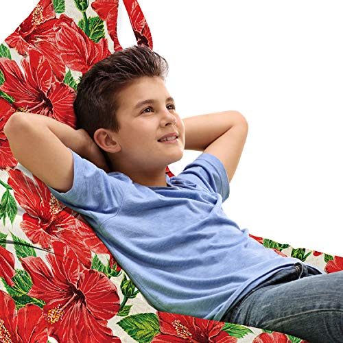 Ambesonne Hawaii Lounger Chair Bag, Botanic Inspirations Floral Bouquet Hand Drawn Red Hibiscuses Retro Theme, High Capacity Storage with Handle Container, Lounger Size, Beige Fern Green Red