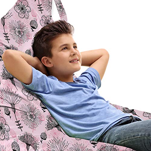 Ambesonne Floral Lounger Chair Bag, Demonstration of Romantic Pattern with Lineart Flowers Scenery, High Capacity Storage with Handle Container, Lounger Size, Pale Pink Charcoal Grey