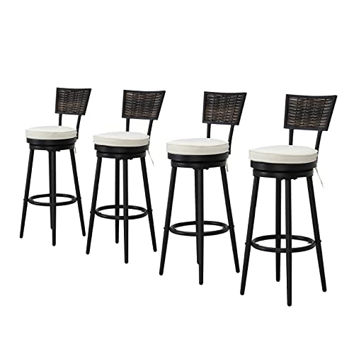 Sports Festival Outdoor Bar Stools Set of 4 Upholstered Bistro 360° Swivel Seat Top Armless Chairs with Woven Wicker, Steel Frame and Removable Seat Cushion for Kitchen Counter, Rustic Brown and Black