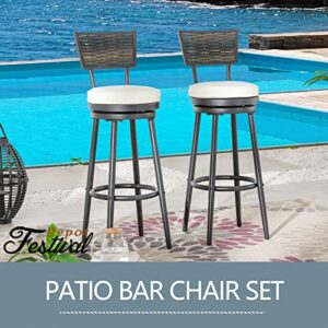 Sports Festival Outdoor Bar Stools Set of 4 Upholstered Bistro 360° Swivel Seat Top Armless Chairs with Woven Wicker, Steel Frame and Removable Seat Cushion for Kitchen Counter, Rustic Brown and Black