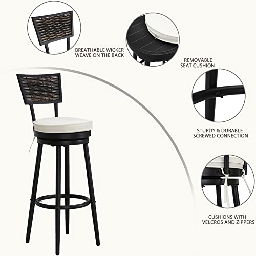 Sports Festival Outdoor Bar Stools Set of 4 Upholstered Bistro 360° Swivel Seat Top Armless Chairs with Woven Wicker, Steel Frame and Removable Seat Cushion for Kitchen Counter, Rustic Brown and Black