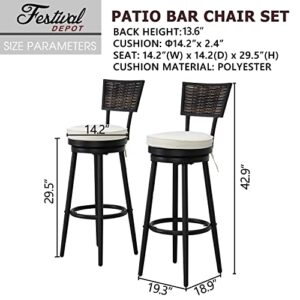 Sports Festival Outdoor Bar Stools Set of 4 Upholstered Bistro 360° Swivel Seat Top Armless Chairs with Woven Wicker, Steel Frame and Removable Seat Cushion for Kitchen Counter, Rustic Brown and Black