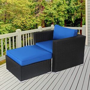 kinbor Outdoor Chair with Ottoman - Patio Furniture Corner Couch Seating, Rattan Balcony Garden Furniture with Cushions, Royal Blue