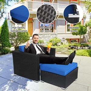 kinbor Outdoor Chair with Ottoman - Patio Furniture Corner Couch Seating, Rattan Balcony Garden Furniture with Cushions, Royal Blue