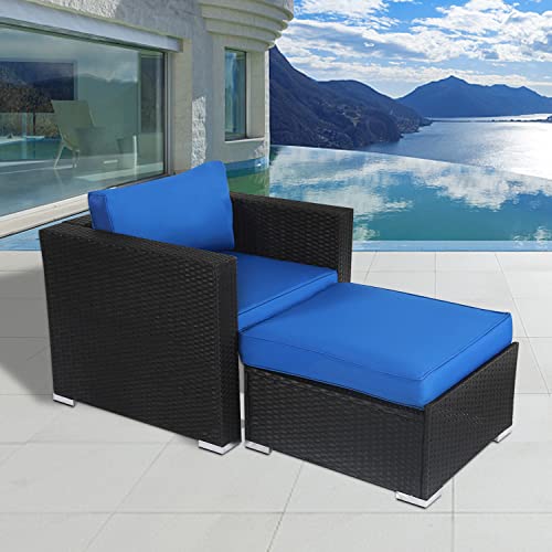 kinbor Outdoor Chair with Ottoman - Patio Furniture Corner Couch Seating, Rattan Balcony Garden Furniture with Cushions, Royal Blue