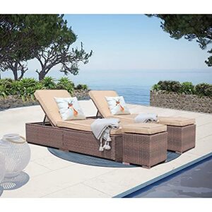 Patiorama 4 Piece Patio Furniture Set, Outdoor Chaise Lounge Chair with Ottoman, All-Weather Brown PE Wicker Rattan Conversation Set, Adjustable Reclining Chaise for Beach Balcony Pool, Beige