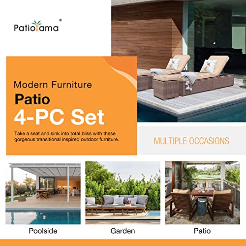 Patiorama 4 Piece Patio Furniture Set, Outdoor Chaise Lounge Chair with Ottoman, All-Weather Brown PE Wicker Rattan Conversation Set, Adjustable Reclining Chaise for Beach Balcony Pool, Beige