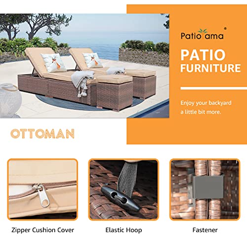 Patiorama 4 Piece Patio Furniture Set, Outdoor Chaise Lounge Chair with Ottoman, All-Weather Brown PE Wicker Rattan Conversation Set, Adjustable Reclining Chaise for Beach Balcony Pool, Beige