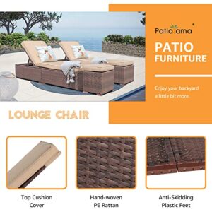 Patiorama 4 Piece Patio Furniture Set, Outdoor Chaise Lounge Chair with Ottoman, All-Weather Brown PE Wicker Rattan Conversation Set, Adjustable Reclining Chaise for Beach Balcony Pool, Beige