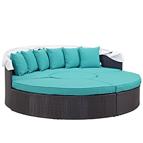 Modway Quest Wicker Rattan Outdoor Patio Canopy Sectional Daybed in Espresso Turquoise