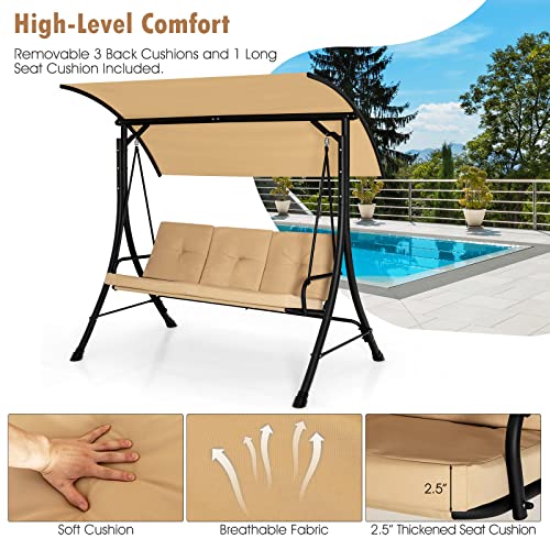 Tangkula 3 Person Porch Swing, Outdoor Swing with Removable Cushions, Solid Steel Structure, Patio Swing with Adjustable Canopy for Garden, Backyard, Balcony, Poolside