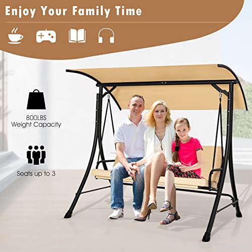 Tangkula 3 Person Porch Swing, Outdoor Swing with Removable Cushions, Solid Steel Structure, Patio Swing with Adjustable Canopy for Garden, Backyard, Balcony, Poolside