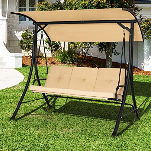 Tangkula 3 Person Porch Swing, Outdoor Swing with Removable Cushions, Solid Steel Structure, Patio Swing with Adjustable Canopy for Garden, Backyard, Balcony, Poolside