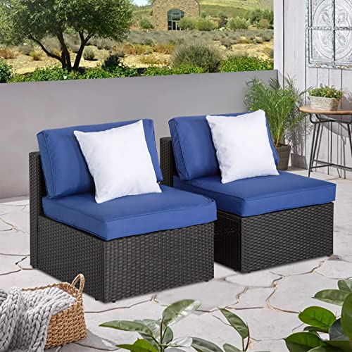 Peach Tree Outdoor Loveseat 2 PCs Patio Furniture Set, Wicker Armless Sofa Chairs Black Rattan Thick Cushions Infinitely Combination