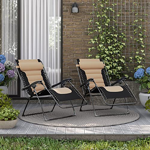 BELLEZE Oversized Zero Gravity Chair Set of 2, XL Padded Recliner Folding Adjustable Outdoor Patio Lounge Chair with Headrest, Cup Holder, Side Tray for Lawn, Camping, Backyard - Tan