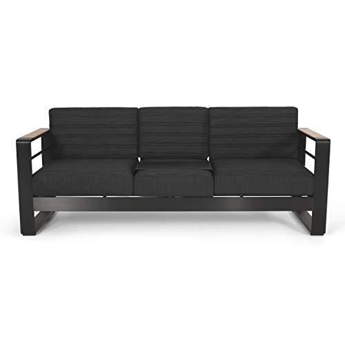 Christopher Knight Home Giovanna Outdoor 3 Seater Sofa, Dark Grey + Natural + Black Anodize