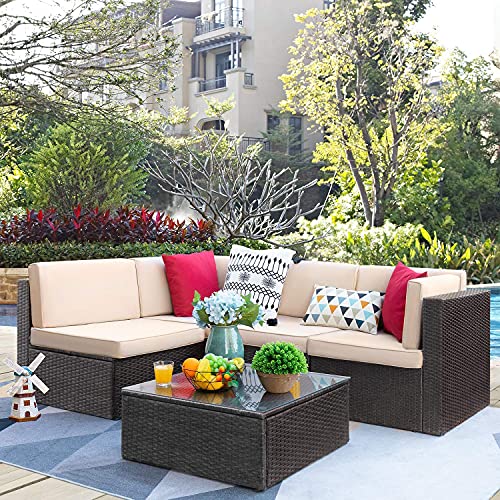 VICTONE Patio Furniture Sets 6 Pieces Outdoor Sectional Rattan Sofa Manual Weaving Wicker Patio Conversation Set with Glass Table and Cushion (Beige)