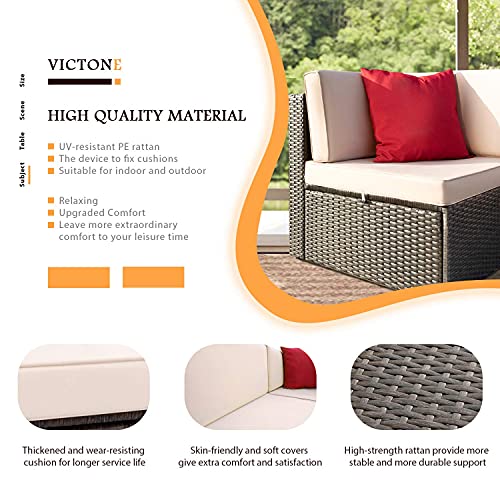 VICTONE Patio Furniture Sets 6 Pieces Outdoor Sectional Rattan Sofa Manual Weaving Wicker Patio Conversation Set with Glass Table and Cushion (Beige)