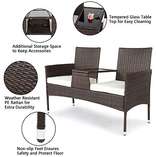 Zeaxar 131 * 61 * 83cm Brown Gradient Rattan Lover Chair Outdoor Furniture Set with Removable Cushion and Tempered Glass Tabletop Modern Rattan Bench for Garden Lawn Backyard