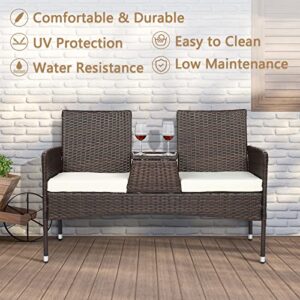 Zeaxar 131 * 61 * 83cm Brown Gradient Rattan Lover Chair Outdoor Furniture Set with Removable Cushion and Tempered Glass Tabletop Modern Rattan Bench for Garden Lawn Backyard