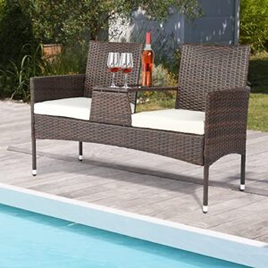 Zeaxar 131 * 61 * 83cm Brown Gradient Rattan Lover Chair Outdoor Furniture Set with Removable Cushion and Tempered Glass Tabletop Modern Rattan Bench for Garden Lawn Backyard