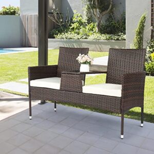 Zeaxar 131 * 61 * 83cm Brown Gradient Rattan Lover Chair Outdoor Furniture Set with Removable Cushion and Tempered Glass Tabletop Modern Rattan Bench for Garden Lawn Backyard