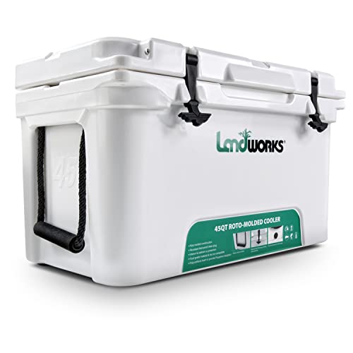 Landworks Rotomolded Ice Cooler 45QT Up to 5 Day Ice Retention Commercial Grade Food Safe Dry Ice Compatible UV Protection 15mm Gasket Bottle Openers Low Profile Latches