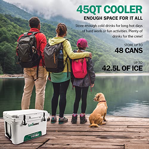 Landworks Rotomolded Ice Cooler 45QT Up to 5 Day Ice Retention Commercial Grade Food Safe Dry Ice Compatible UV Protection 15mm Gasket Bottle Openers Low Profile Latches