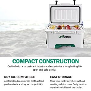 Landworks Rotomolded Ice Cooler 45QT Up to 5 Day Ice Retention Commercial Grade Food Safe Dry Ice Compatible UV Protection 15mm Gasket Bottle Openers Low Profile Latches