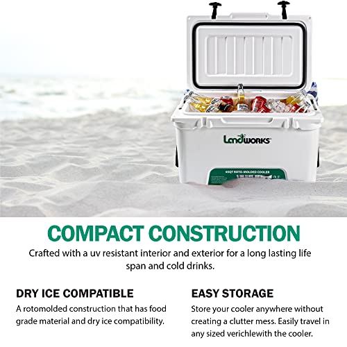 Landworks Rotomolded Ice Cooler 45QT Up to 5 Day Ice Retention Commercial Grade Food Safe Dry Ice Compatible UV Protection 15mm Gasket Bottle Openers Low Profile Latches