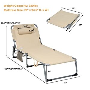 GYMAX Lounge Chair for Outside, 27” Oversize Beach Chaise Lounge with Removable Cushion & Adjustable Backrest, Headrest & Carry Strap, Tri-Fold Beach Layout Tanning Chair for Patio, Poolside(1, Beige)