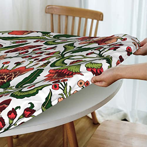 Paisley Flowers Tablecloth Elastic Edged Round Fitted Table Cover Waterproof Table Cloth for Indoor Outdoor Dinning Fit 45'' - 50'' Table, Medium