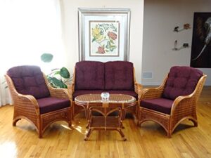 jam living set of 2 lounge natural rattan chairs loveseat with dark brown cushions and coffee table w/glass handmade design, cognac