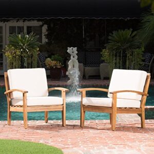 Christopher Knight Home Peyton Outdoor Wooden Club Chairs with Cushions, 2-Pcs Set, Teak Finish / Beige