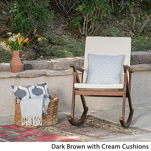 Christopher Knight Home Louise Outdoor Acacia Wood Rocking Chair, Dark Brown/Cream Cushion