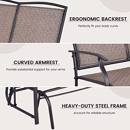 Giantex Patio Glider Benches for Outside, Swing Glider Chair with Steel Frame, 400 LBS Capacity, Patio Swing Rocker, 2-Person Loveseat for Backyard, Poolside, Lawn, Balcony, Porch Glider Bench(Brown)