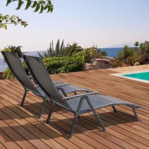 Nuu Garden Folding Chaise Lounge Chairs for Outside, Patio Lounge Chair with 6-Position Adjustable Backrest and Breathable Textile Fabric, Lawn Chairs for Beach, Yard, Pool and Patio, Grey