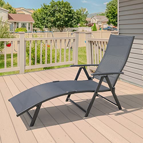 Nuu Garden Folding Chaise Lounge Chairs for Outside, Patio Lounge Chair with 6-Position Adjustable Backrest and Breathable Textile Fabric, Lawn Chairs for Beach, Yard, Pool and Patio, Grey