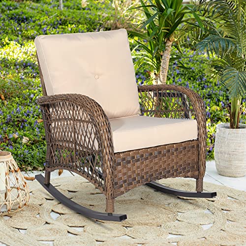 W WARMHOL Outdoor Wicker Rocking Chair with Thickened Cushions, All-Weather Rattan Patio Rocking Chairs, Rocker Wicker Chair for Porch Garden & Backyard, Beige