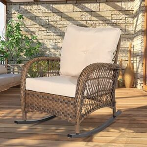 W WARMHOL Outdoor Wicker Rocking Chair with Thickened Cushions, All-Weather Rattan Patio Rocking Chairs, Rocker Wicker Chair for Porch Garden & Backyard, Beige