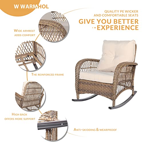 W WARMHOL Outdoor Wicker Rocking Chair with Thickened Cushions, All-Weather Rattan Patio Rocking Chairs, Rocker Wicker Chair for Porch Garden & Backyard, Beige