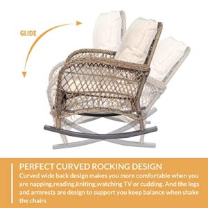 W WARMHOL Outdoor Wicker Rocking Chair with Thickened Cushions, All-Weather Rattan Patio Rocking Chairs, Rocker Wicker Chair for Porch Garden & Backyard, Beige