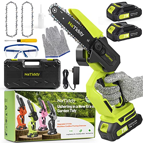 NaTiddy Mini Chainsaw 6 inch Cordless,Upgraded 21V Brushless Battery Powered Chainsaw ,Portable One-Hand Rechargeable Handheld Electric Chainsaw for Wood Cutting Tree Trimming (2 Batteries, 2 Chains)