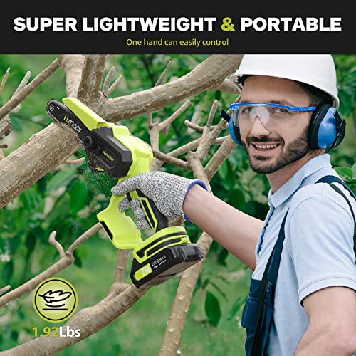 NaTiddy Mini Chainsaw 6 inch Cordless,Upgraded 21V Brushless Battery Powered Chainsaw ,Portable One-Hand Rechargeable Handheld Electric Chainsaw for Wood Cutting Tree Trimming (2 Batteries, 2 Chains)