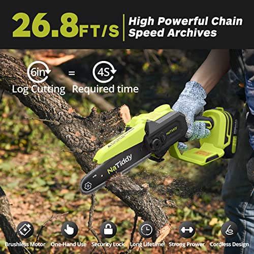 NaTiddy Mini Chainsaw 6 inch Cordless,Upgraded 21V Brushless Battery Powered Chainsaw ,Portable One-Hand Rechargeable Handheld Electric Chainsaw for Wood Cutting Tree Trimming (2 Batteries, 2 Chains)